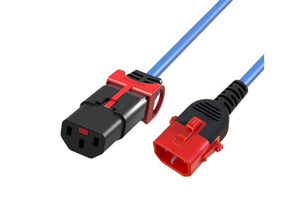 Strømkabel IEC Lock C13-C14, Blå - 1m C13 IEC Lock+ - C14 Dual IEC ...